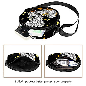 Snake Flowers Crossbody Bag for Women Teen Girls Round Canvas Shoulder Bag Purse Tote Handbag Bag