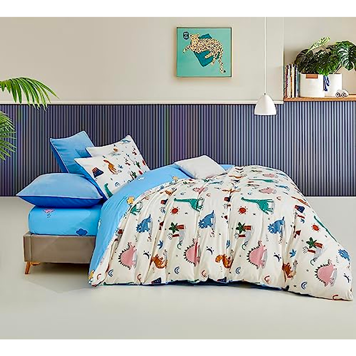 archers Kids Duvet Cover Set – Full, 4 pcs Include Reversible Duvet Cover, Fitted Sheet, 2 Pillowcases | 100% Cotton |Playful, Fun and Cozy Sheet Set | Dinosaur Print