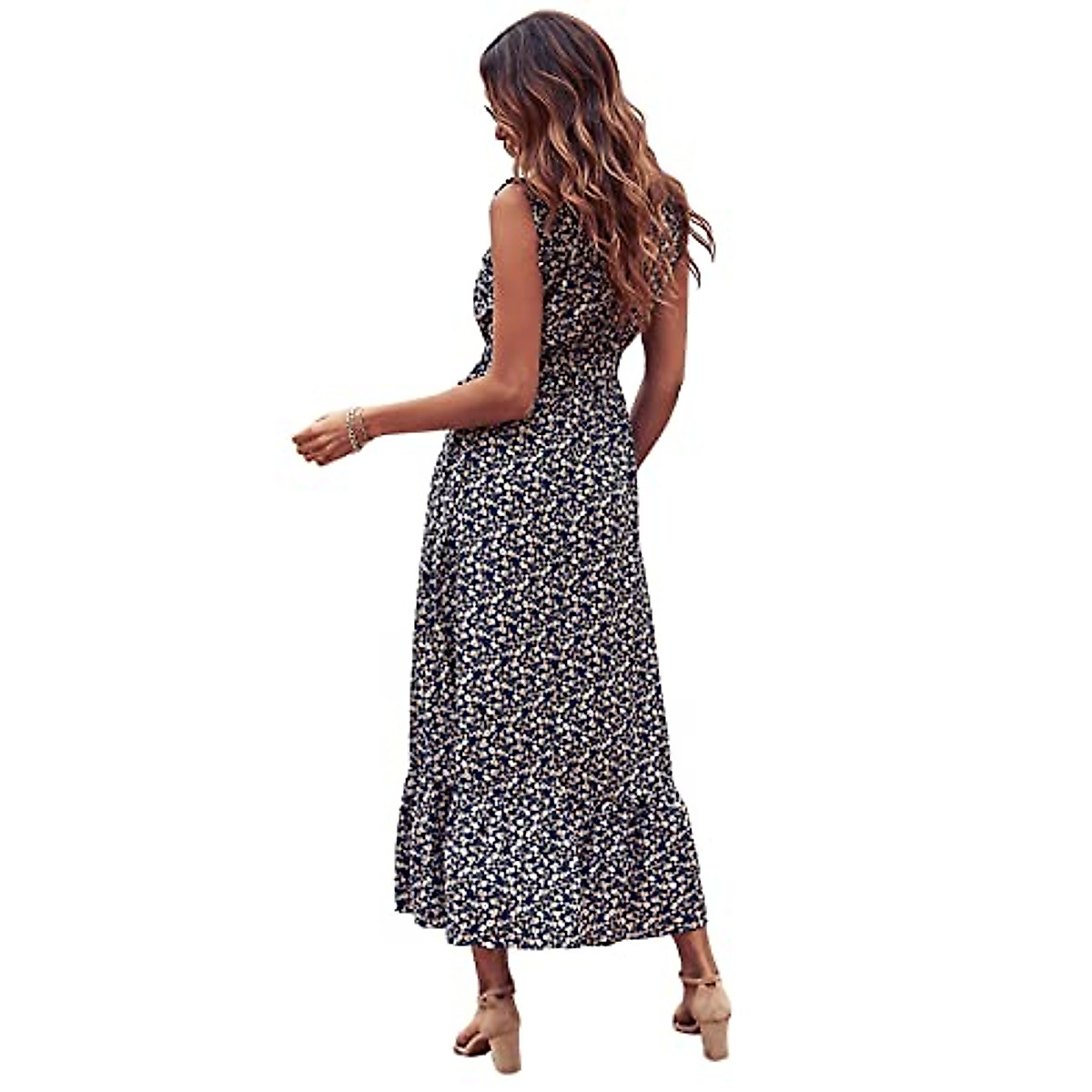 SweatyRocks Women's Floral Sleeveless Ruffle Hem A Line Midi Dress Mock Neck Belted Dresses Blue White S