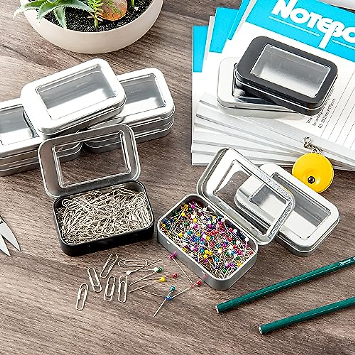 Restaurantware RW Base 4.5 Ounce Rectangular Tin Containers 10 Durable Tin Boxes With Lids - Clear Window Lids Rounded Edges Silver Tin Storage Containers Customizable Fits Mints Or Pills