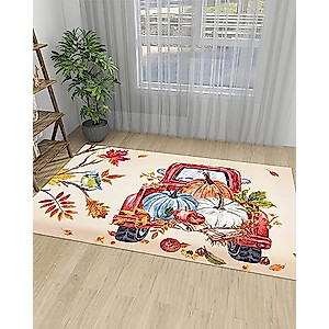 Thanksgiving Fall Large Rectangular Area Rugs 5' x 7' Living Room, Durable Non Slip Rug Carpet Floor Mat for Bedroom Bedside Outdoor Farmhouse Red Truck Pumpkin Leaves Autumn