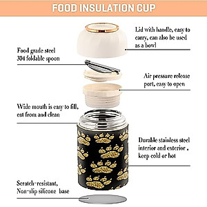 CUPADA Dog Paw Print Food Jar for Hot and Cold, Golden Glitter Insulated Food Jars Vacuum 17OZ with Folding Spoon for Work Trip Picnic Camping