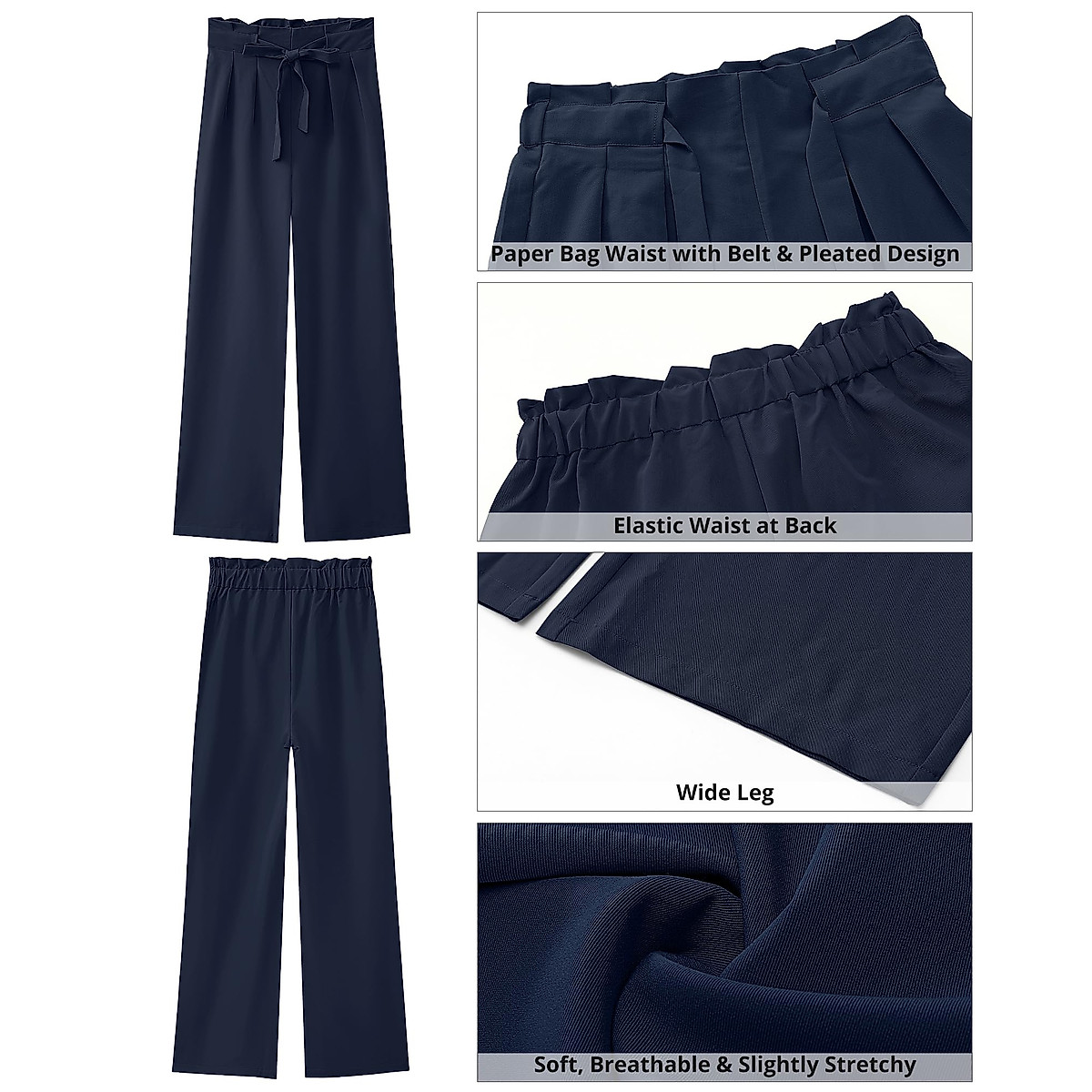 GRAPENT Women's Summer Business Casual Wide Leg Pleated Front Navy Blue Pants Size L