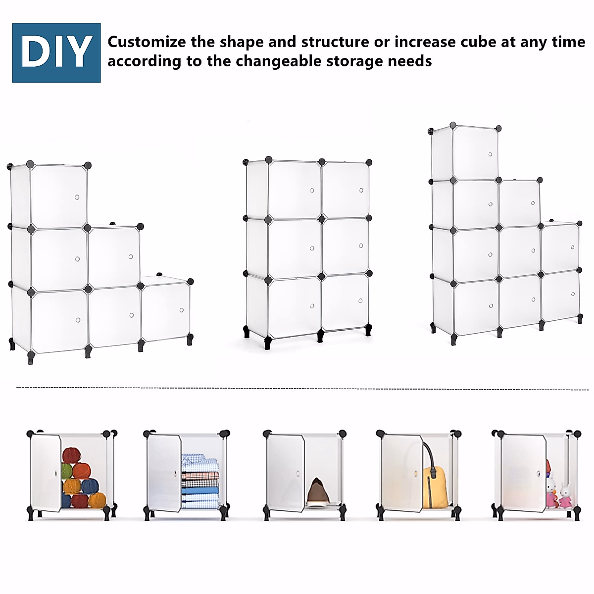 AWTATOS Storage Cube Organizer with Doors, Stackable Closet Shelf for Bedroom, Clothes Shelving Rack, DIY Square 6 Cubes Bookcase, Plastic Space Saver for Home, Living Room, Office, Translucent White