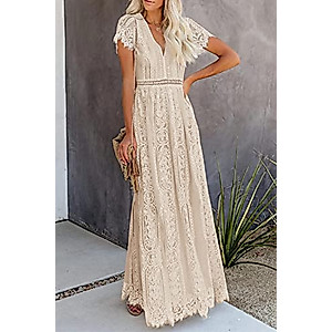 PRETTYGARDEN Women's Floral Lace Maxi Dress 2023 Short Sleeve V Neck Bridesmaid Wedding Evening Party Dresses (Apricot,Medium)