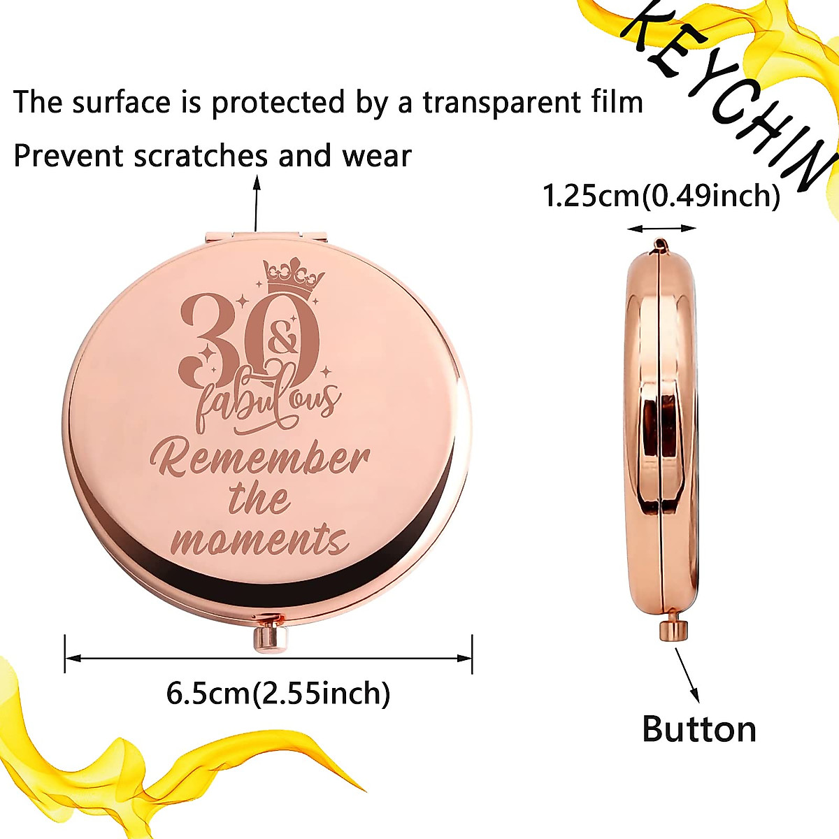 KEYCHIN 30th Birthday Pocket Mirror Happy 30 Year Old Birthday Gifts Remember The Moments 30th Compact Mirror for Sister Wife Friend Coworker (30th-RG)