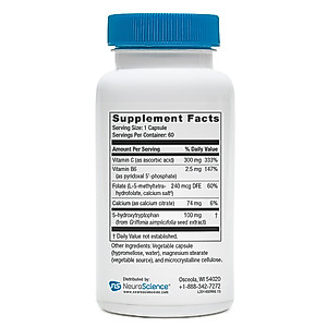 NeuroScience Serene - Mood Support + Sleep Aid with 100mg 5-HTP, Vitamin B6, Folate + Calcium - Non-Drowsy + Non-Groggy Serotonin Support Supplement for Sleep-Wake Function (60 Capsules)