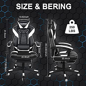 HEADMALL Gaming Chair with Footrest, Office Chair with Lumbar Support and Headrest Height Adjustable Gamer Chair with 360°-Swivel Seat - Black White