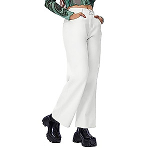 SweatyRocks Women's Casual Loose High Waist Solid Straight Wide Leg Jeans White Elastic Waist S