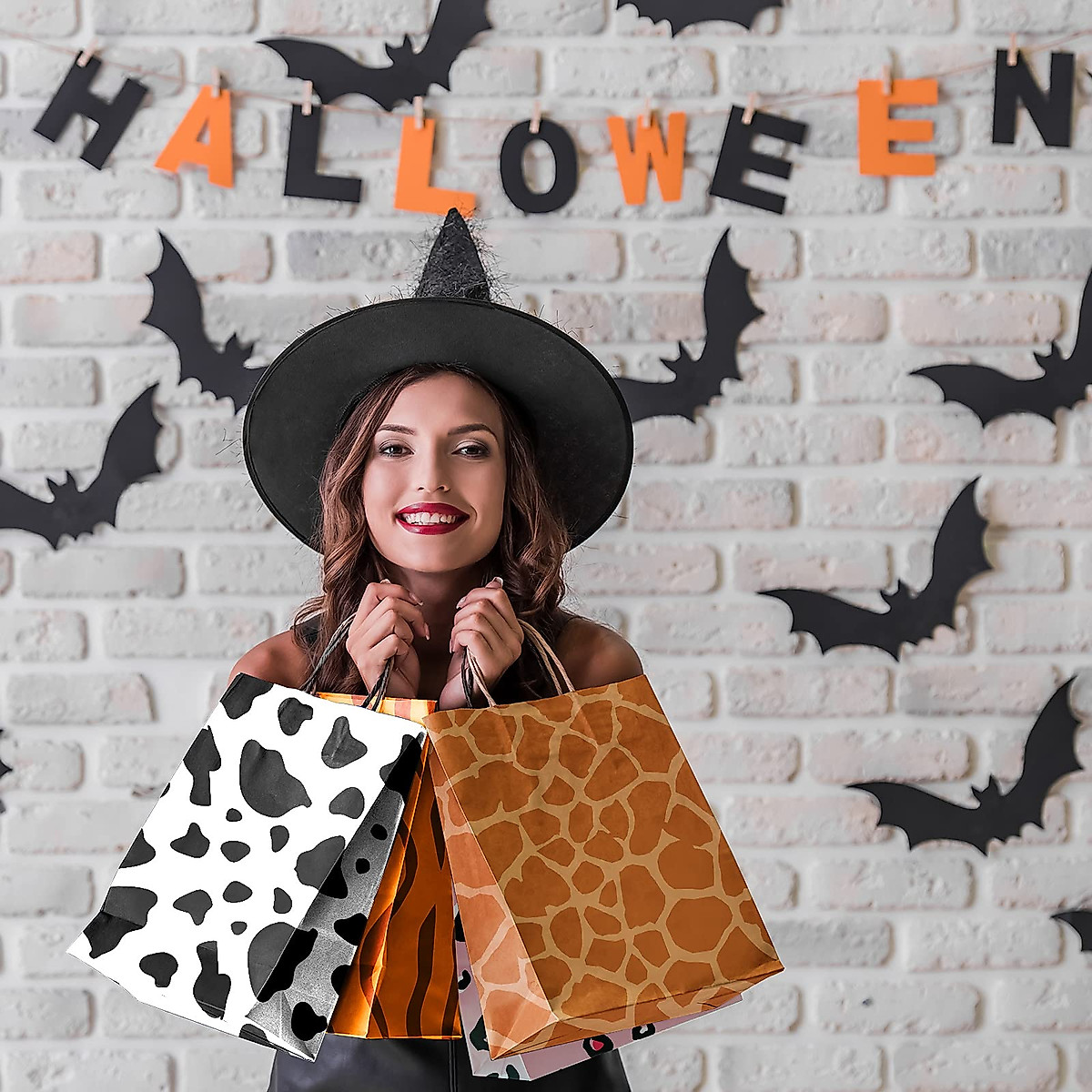 24 Pieces Jungle Safari Animal Print Treat Bags with Handles, Leopard Zebra Giraffe Tiger Stripe Cow Print Goodie Bags Safari Party Favor Present Bags for Safari Themed Birthday Party Supplies