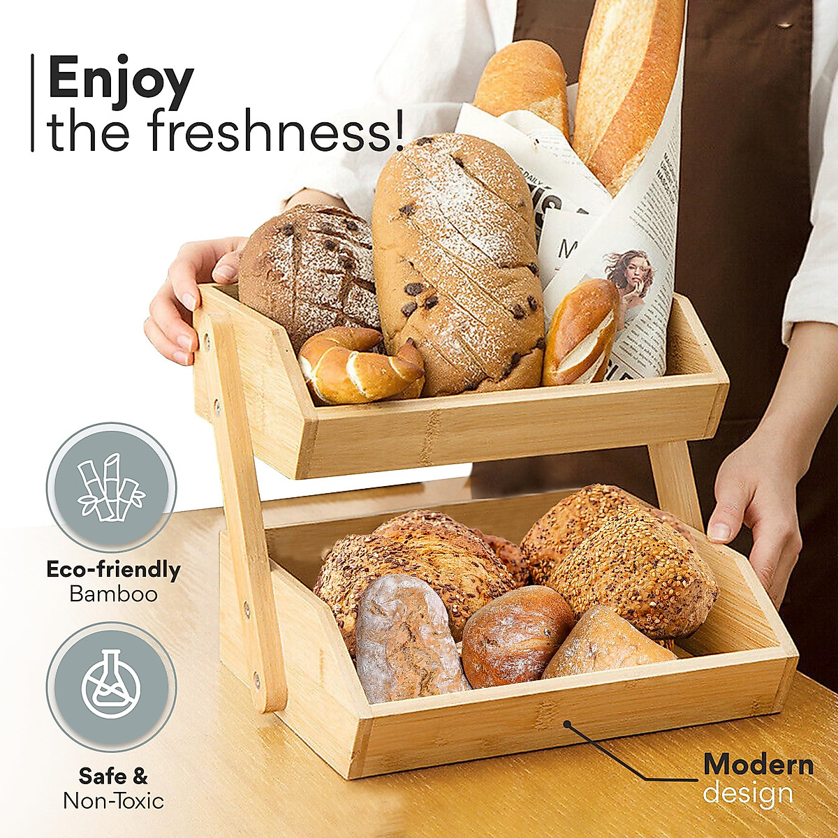 GET SORTED Bamboo 2 Tier Fruit & Vegetable Basket with Banana Hook for Kitchen Counter - Two Tier Countertop Design Perfect For Fruit, Vegetables, Snacks and More!