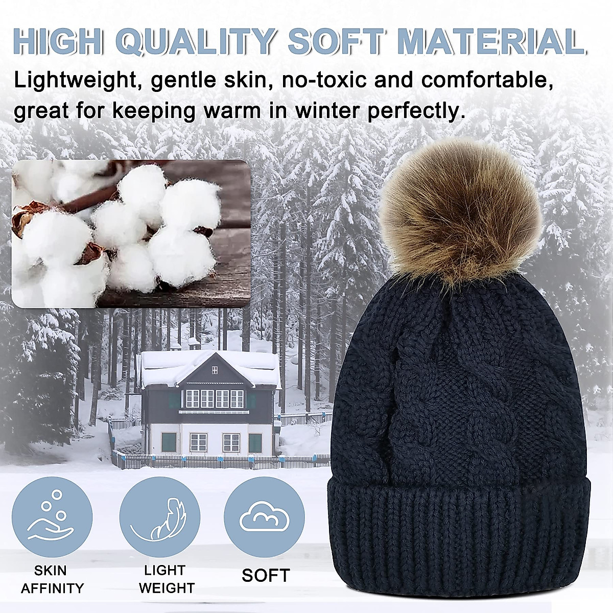 Whiteleopard Kid Beanie Hats Lining Pom Pom for Children -Slouchy Cable Knit Toddler Skull Hat Baby Ski Cap for Girls Boys (Black)