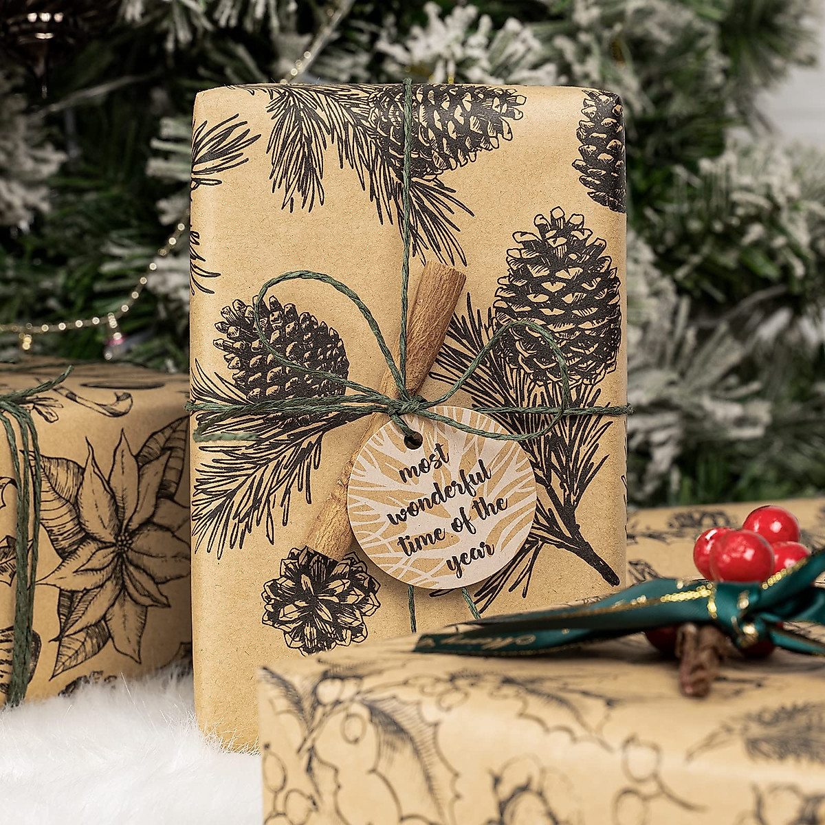 MAYPLUSS Kraft Christmas Wrapping Paper Roll - Mini Roll - 17 inch X 120 inch Per roll - 3 Different Rustic Design (42.3 sq.ft.ttl)