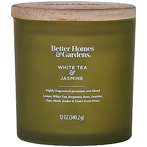 BetterHomes&Gardens Better Homes and Gardens 12oz Scented Candle, White Tea and Jasmine 2-Pack, Olive Green, 12oz (329g) x 2 [excluding glass jar weight] (44220)
