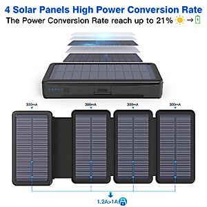 undreem 30000mah Solar Power Bank Fast Charging, 3 Outputs USB-C Solar Battery Charger with 4 Foldable Solar Panels, Wireless Solar External Battery Pack for Electronic Devices