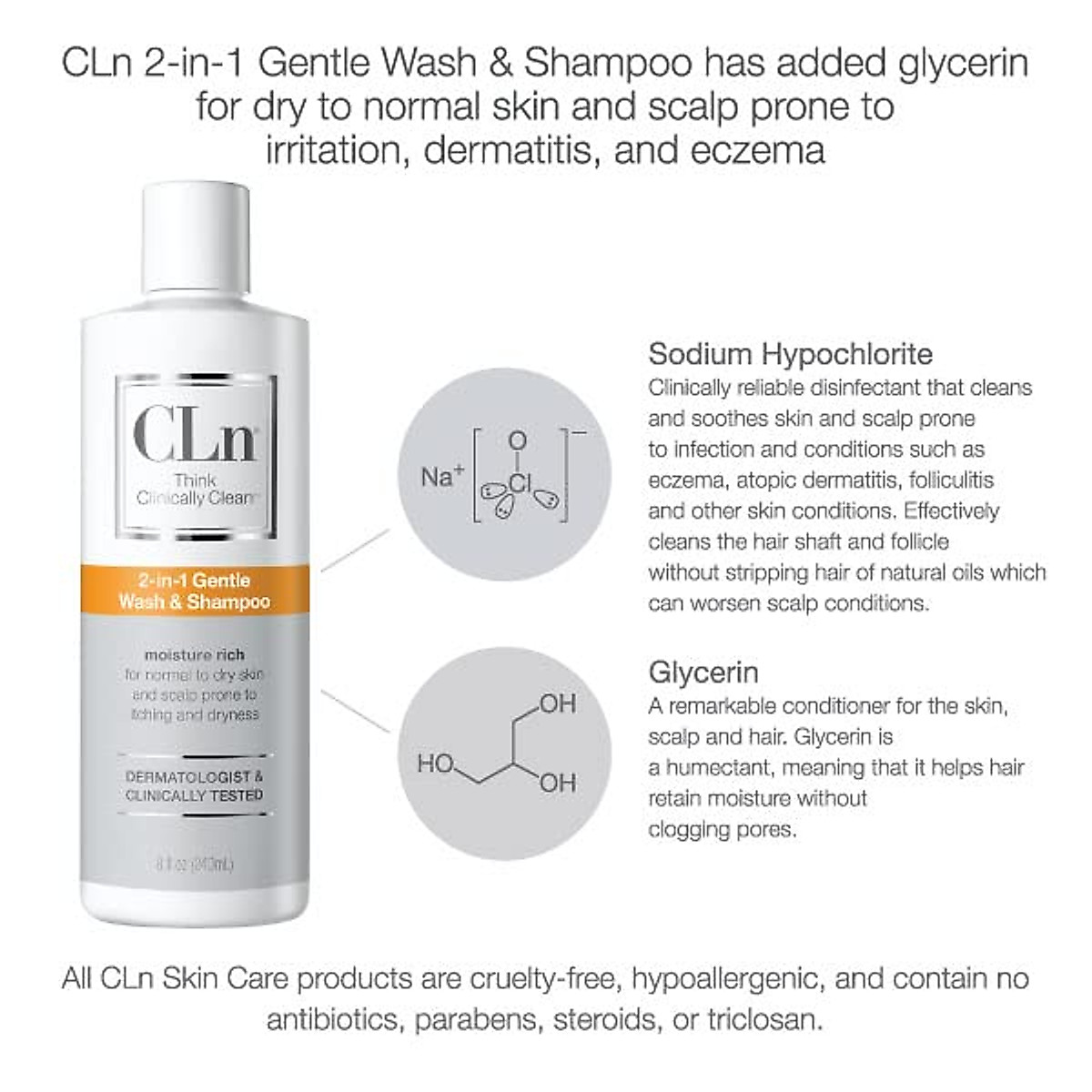 CLn® 2-in-1 Gentle Wash & Shampoo- Multi-functional Cleanser for Skin & Scalp Prone to Irritation, Flaking, Itching, Dryness & Razor Bumps, Fragrance-Free & Paraben-Free, 8 fl. oz.