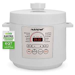 NutriChef Electric Pressure Cooker 6 Quart Capacity | 9 Function Digital Countertop Pressure Cooker | Adjustable Time & Temperature | Cook, Bake, Steam, Broil, & Braise | 13.1 x 11.4 IN | White