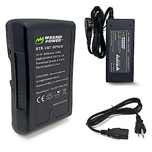 Wasabi Power V-Mount Battery (14.4V, 6600mAh, 95Wh) and V-Mount Battery Charger with D-Tap for Sony Video Camera Camcorder, Broadcast LED Light, and Any Other Compatible Video Camera Camcorder