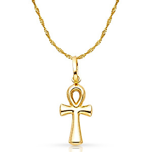Ioka 14K Yellow Gold Egyptian Ankh Cross Charm Pendant with 0.9mm Singapore Chain Necklace - 20"