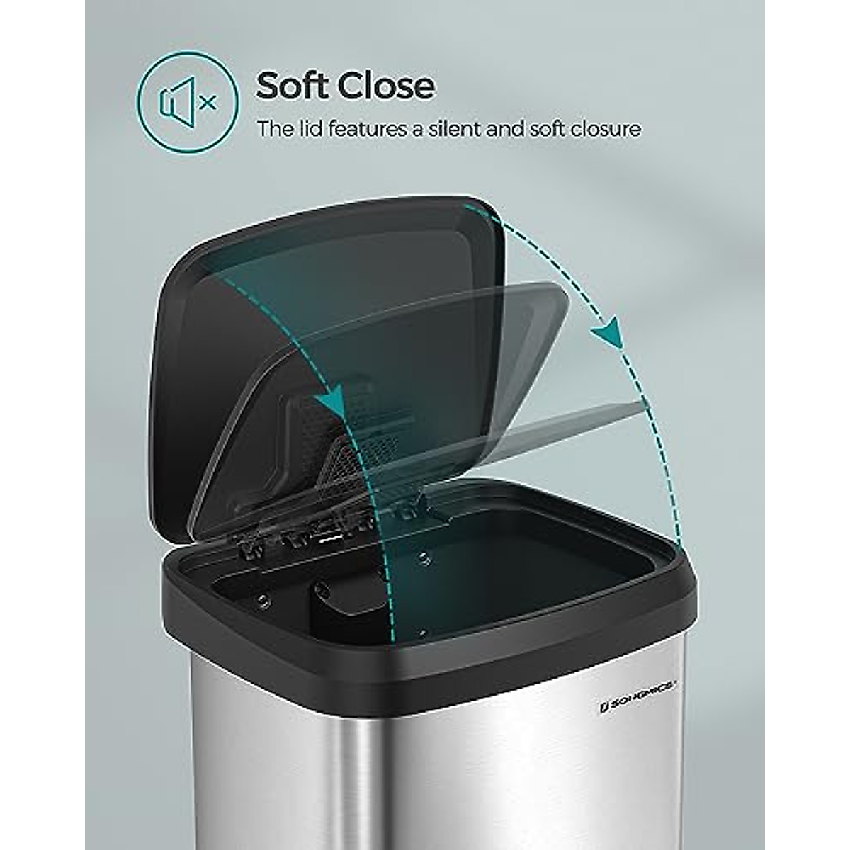 SONGMICS Kitchen Trash Can, 18-Gallon Stainless Steel Garbage Can, with Stay-Open Lid and Step-on Pedal, Soft Closure, Tall, Large and Space-Saving, Silver and Black ULTB520E68