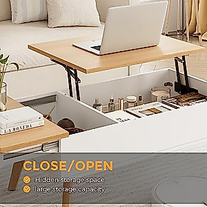 Bidiso Lift Top Coffee Table, Ten Minute Install Coffee Table Center Table with Hidden Storage Compartments, Rising Tabletop Dining Table Coffee Table for Living Room，Oak