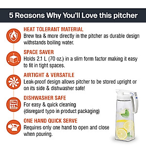 Lustroware QuickServe Airtight Pitcher - 2.1L (70oz), Heat Resistant, BPA-Free SAN Plastic, One Touch Open & Close, Space-Saving, Made in Japan - White