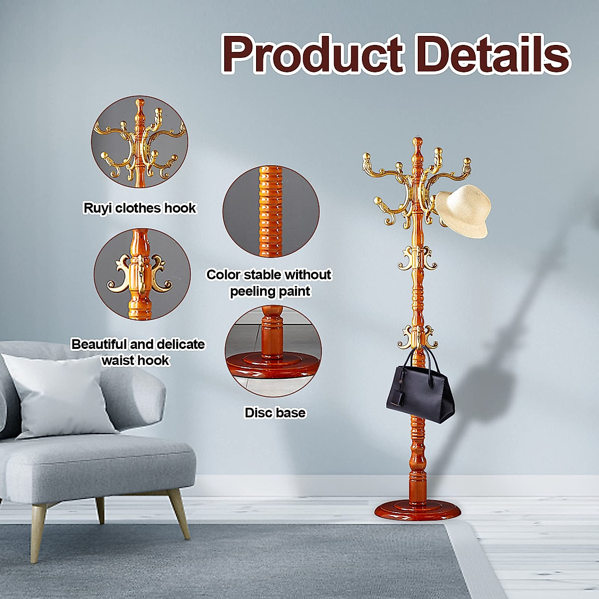 High-Grade Coat Rack Freestanding Coat Rack Stand, Wooden Coat Rack Stand with 14 Hooks, Coat Rack Wooden Tree for Coats, Hats, Bags, Purses, for Entryway Hallway Foyer Office Closet (Mahogany color)