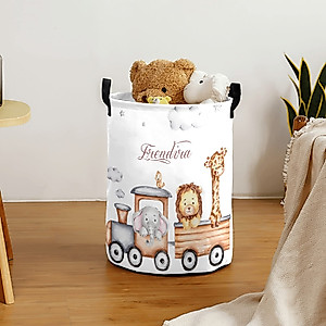 Personalized Laundry Basket, Train Elephant Lion Giraffe Custom Storage Bins Laundry Hamper with Name Collapsible Toys Organizer Gift