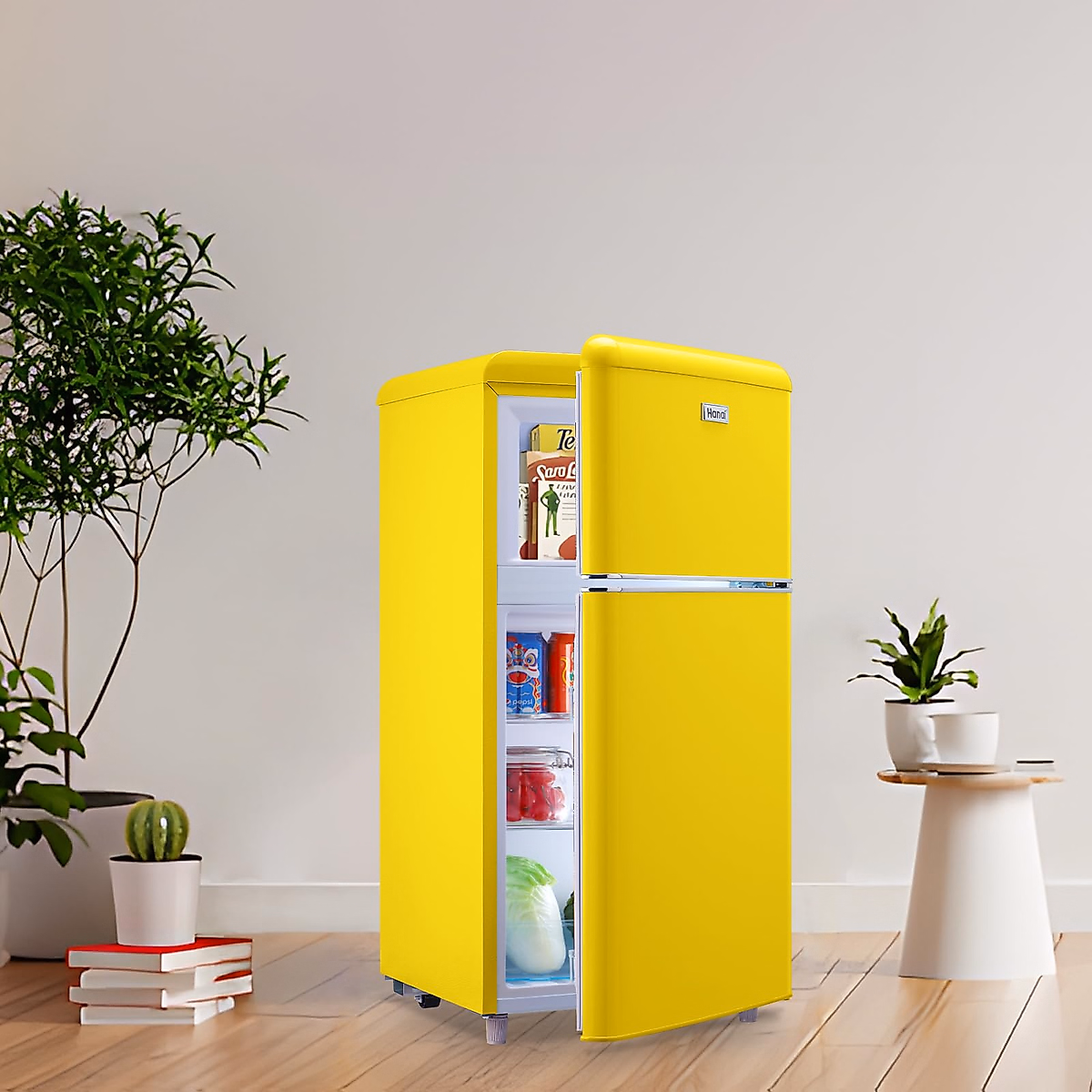 WANAI Mini Fridge Dual Door Refrigerator with Freezer 3.5 Cu.Ft, Compact Refrigerator with Adjustable Temperature & Removable Glass Shelves, Fridge for Apartment/Dorm/Office/RV, Yellow
