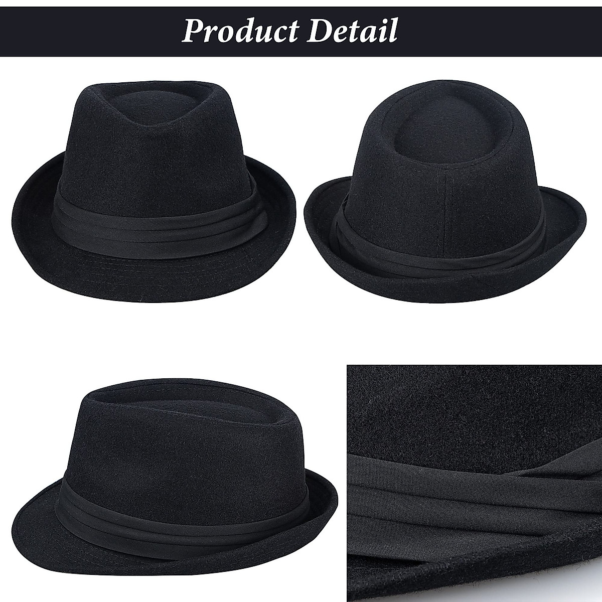 Womens Mens Classic Felt Trilby Hat Short Brim Fedora Hat Black Manhattan Gangster Jazz Hat for Unisex