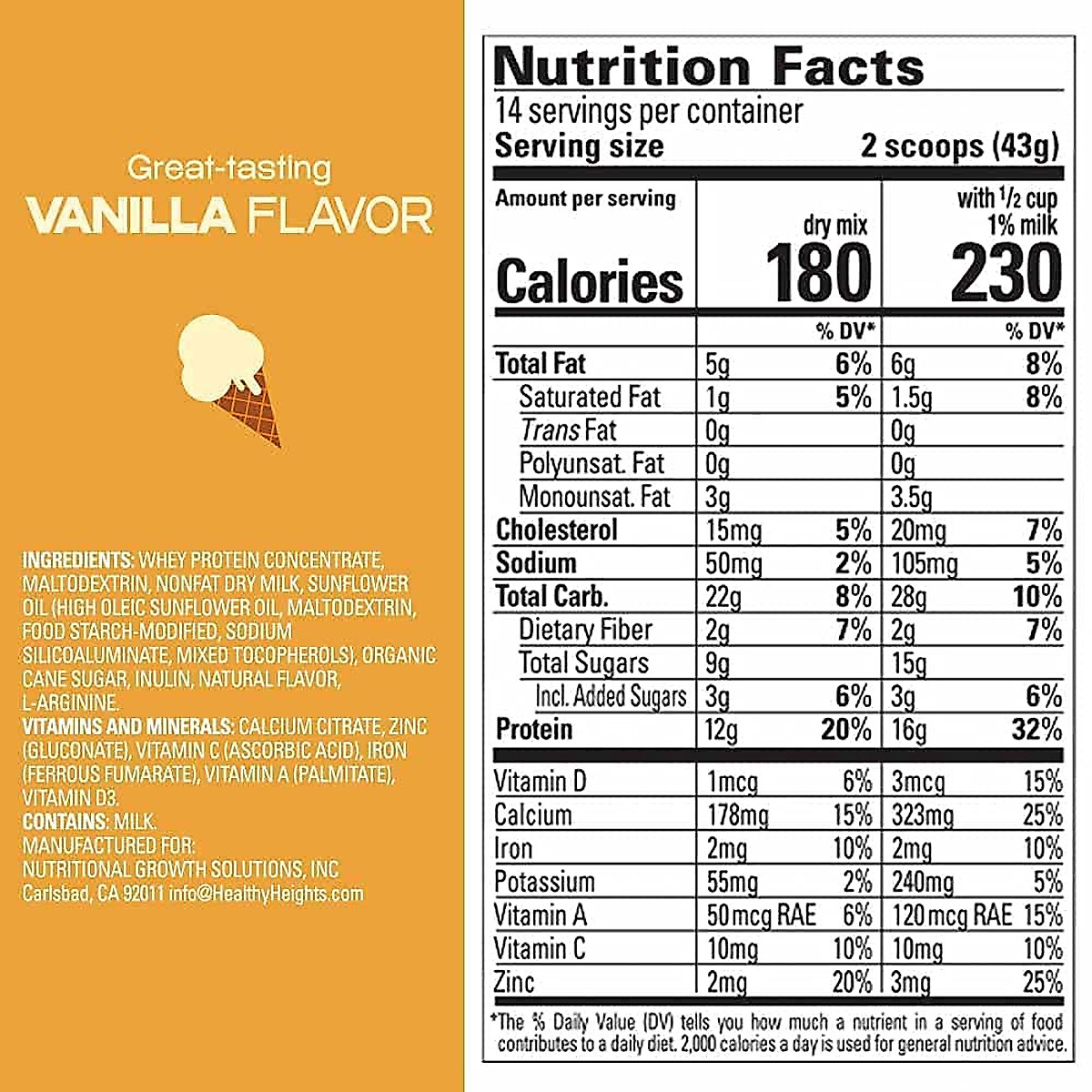 Healthy Height Grow Daily 3 Protein Powder (Vanilla) - Developed by Pediatricians - High in Protein Nutritional Shake - Contains Key Vitamins & Minerals
