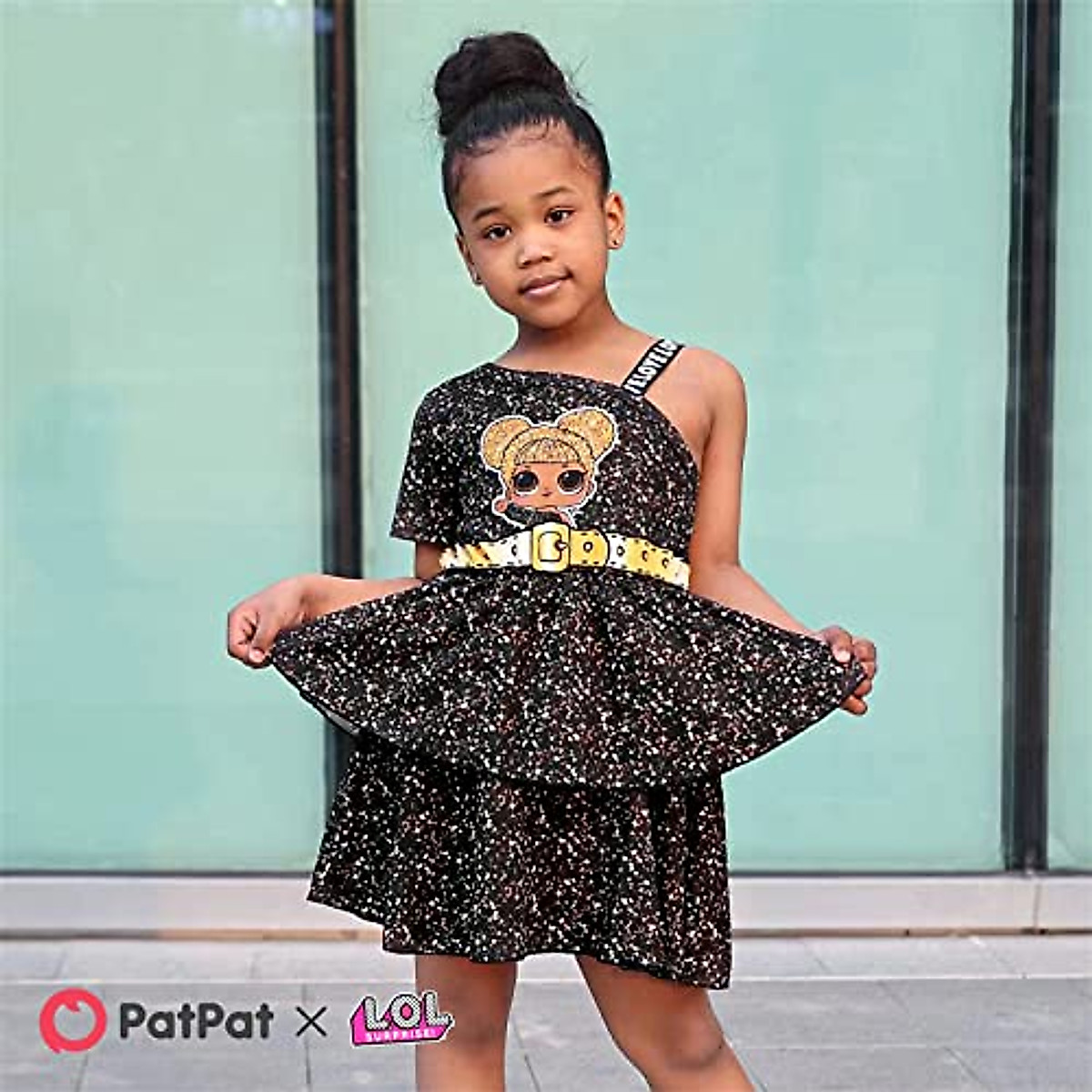 L.O.L. Surprise! Girls Tiered Dress Figure Print Layered One Shoulder Casual Dress Flowy Dress Size 6-12 Black 8-9 Years
