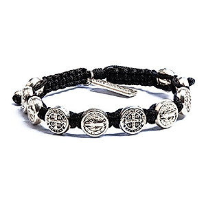 My Saint My Hero Benedictine Blessing Bracelet, Handwoven - Black Cording/Silver Medals with Silver "Blessed" Tag