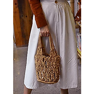 JBRUN Women's Bucket Drawstring Handbag Fishing Net Shoulder Bag Straw Weave Handbag Summer Beach Bags Hobo Bag (A-Brown)