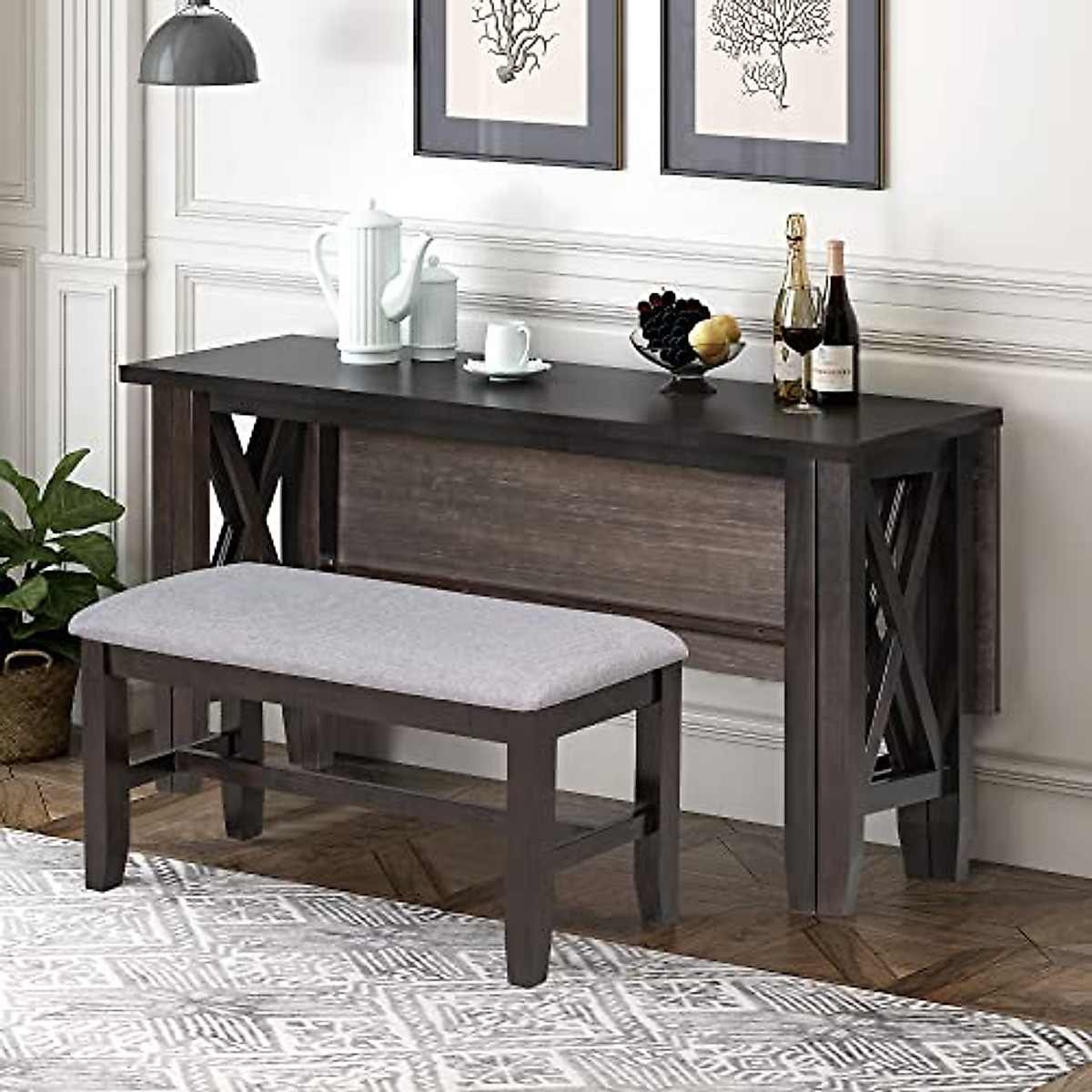 Goohome 6-Piece Kitchen Set, Mid-Century Wooden Foldable Rectangular Dining Table, 4 Upholstered Chairs and Bench Family Furniture, for Home, Apartment, Espresso