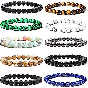 JEWPARK 10PCS 8mm Semi-Precious Gemstone Bracelet Set Healing Crystal Stone Stretch Bracelets for Men Women Round Beaded Elastic Bracelets