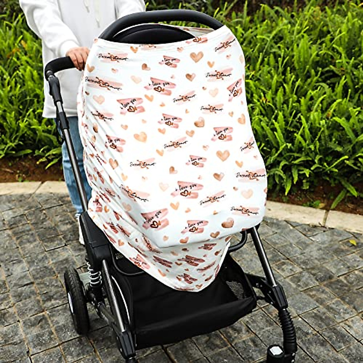 Hooyax Infant Car Seat Cover for Mom Baby, 6 in 1 Multi-Use Cover for Nursing, Breastfeeding, Carrier, Stroller, High Chair, Shopping Cart Lounger Canopy Ultra Soft and Stretchy, Stripe & Heart