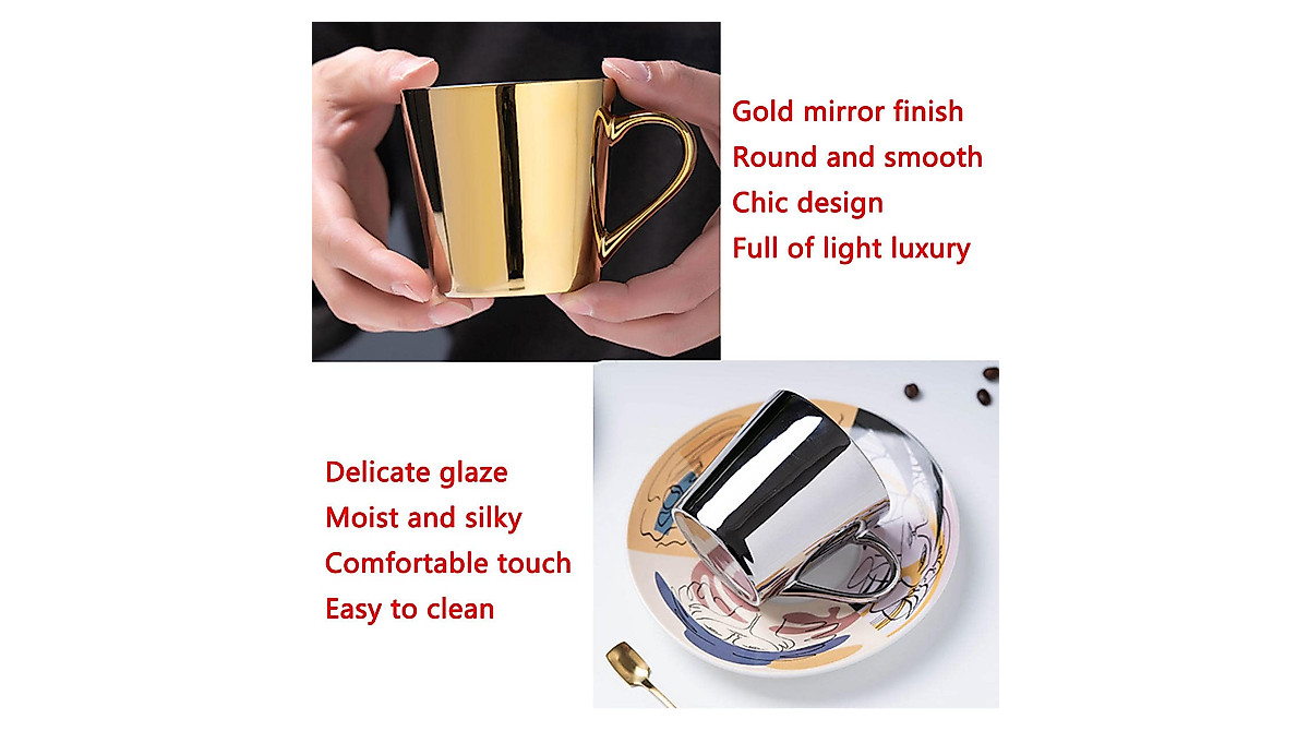 Mirror Reflection Coffee Mug Set - Elegant Ceramic with Spoon & Plate