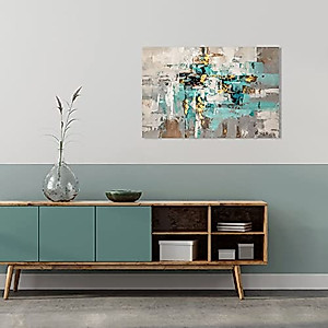Teal Grey Canvas Wall Art: Blue Gray Abstract Picture for Living Room, Framed Turquoise Gold Painting Bedroom Office Home Decoration