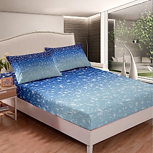 Erosebridal Blue Galaxy Bed Sheets Twin Pastel Dark Blue Ombre Bedding Set,Navy Blue Ombre Fitted Sheet for Kids Boys Girls Teens Bedroom Dorm,Sparkle Glitter Stars Bedding Sets 1 Pillow Case