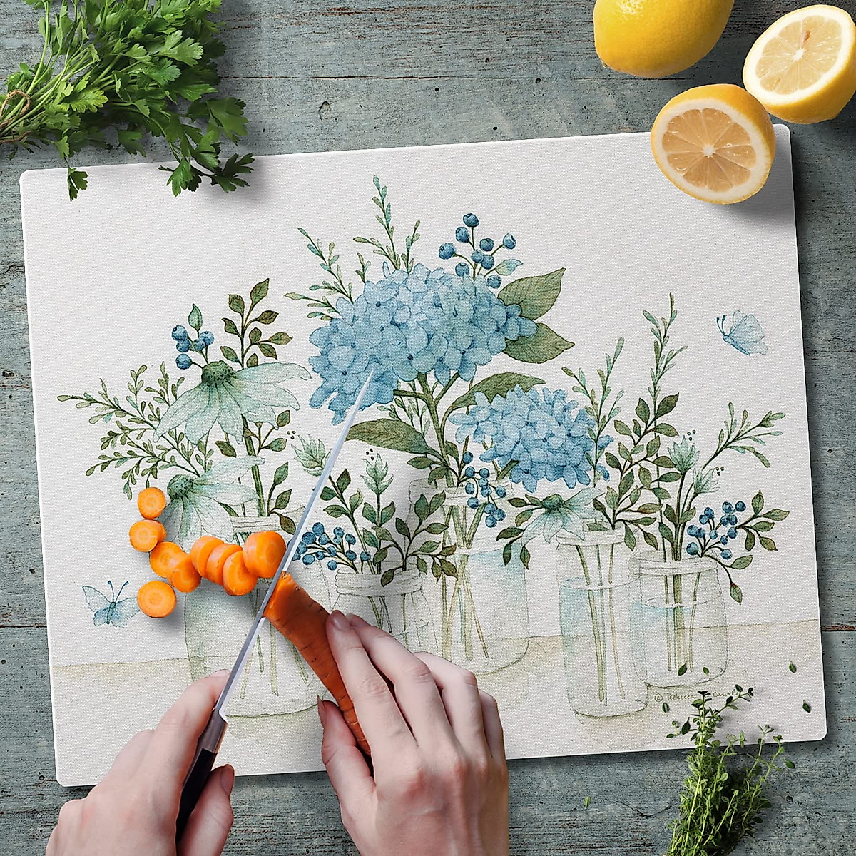 CounterArt Mason Jars & Florals 3mm Heat Tolerant Tempered Glass Cutting Board 15” x 12” Manufactured in the USA Dishwasher Safe