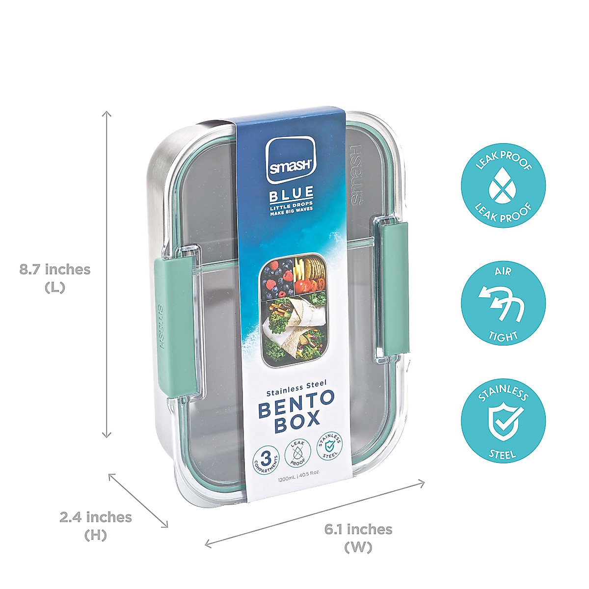 Smash Stainless Steel Bento Lunch Box, 3 Compartments, Sage