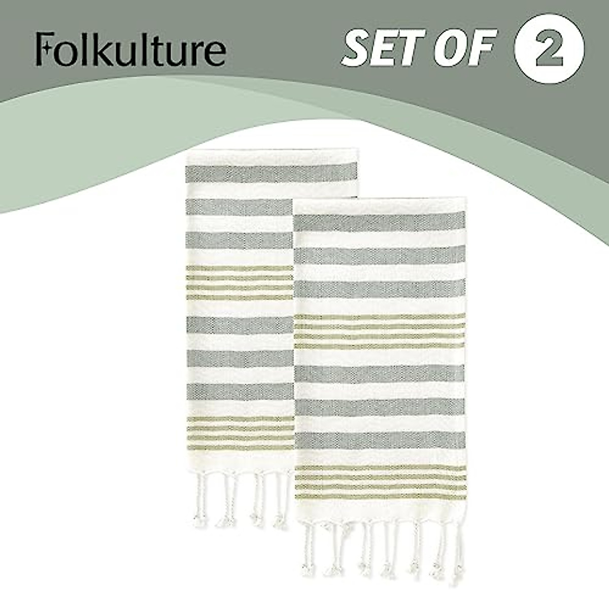 Folkulture Hand Towels for Bathroom, Set of 2 Decorative Hand Towels with Hanging Loop, 100% Cotton Turkish Hand Towels Set or Boho Hand Towels for Kitchen 16" x 30" Inches (Fiji - Sage Green)