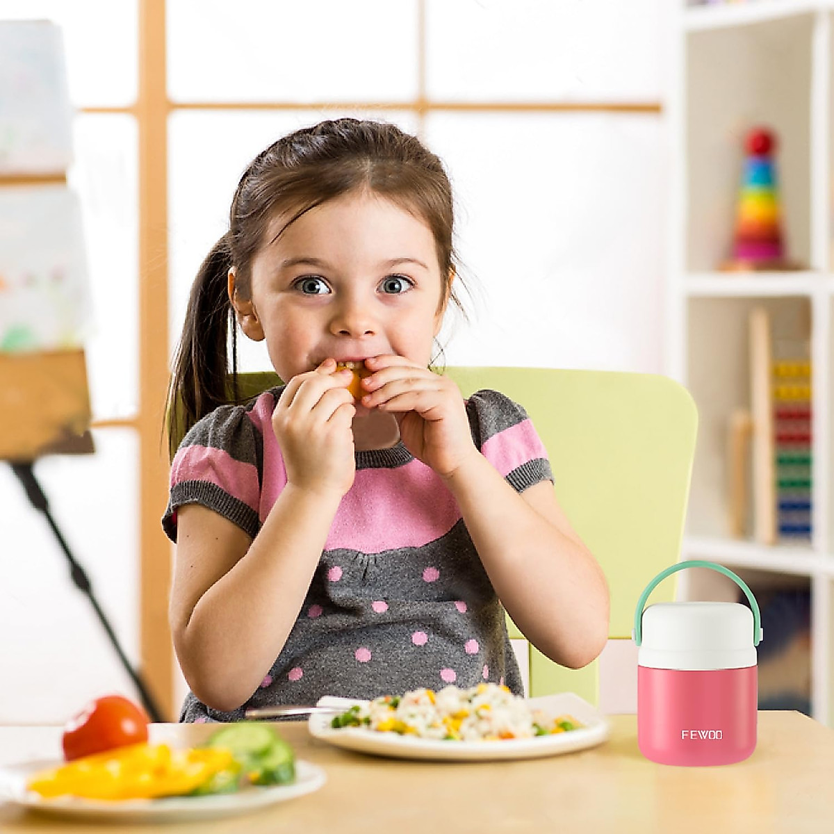 FEWOO Food Jar, 13.5oz Insulated Lunch Soup Container for Hot Cold Food for Kids Adults, Leak Proof Vacuum Stainless Steel Food Jar with Folding Spoon for School Travel Outdoors (Green-Pink)