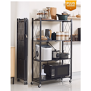ALANNG Storage Shelves with Wheels, Bookshelf with Storage, No Assembly Metal Rack Shelf for Kitchen, Office, Laundry, Garage (4 Tier, Black)