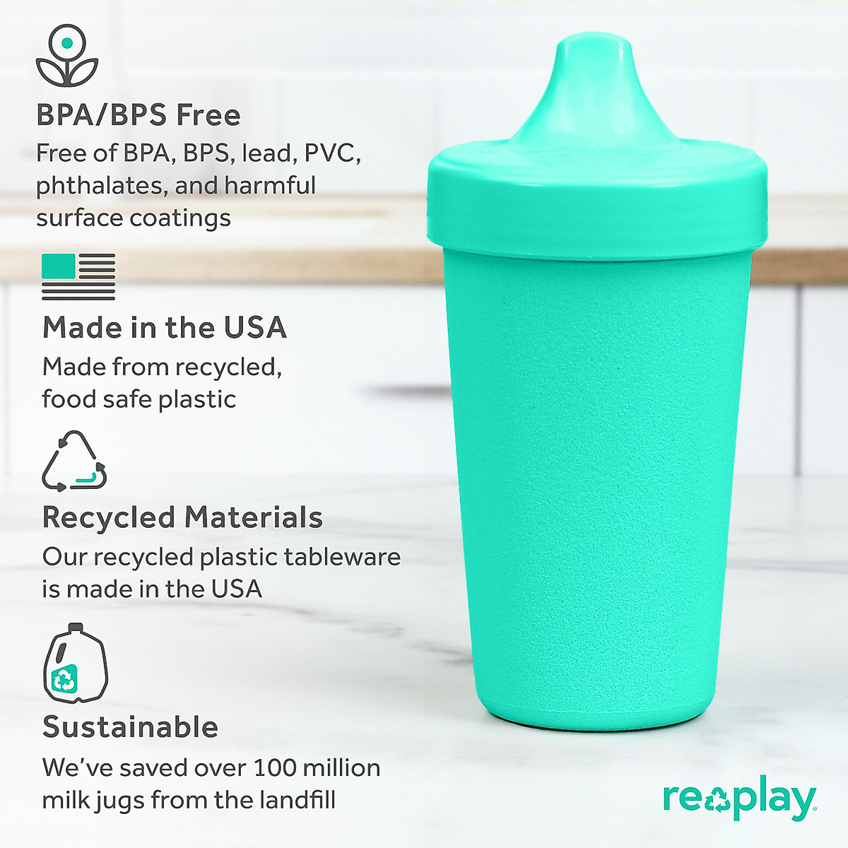 Re-Play Made in USA 10 Oz. Sippy Cups for Toddlers, Set of 3 - Reusable Spill Proof Cups for Kids, Dishwasher/Microwave Safe - Hard Spout Sippy Cups for Toddlers 3.13" x 6.25", A True Blue