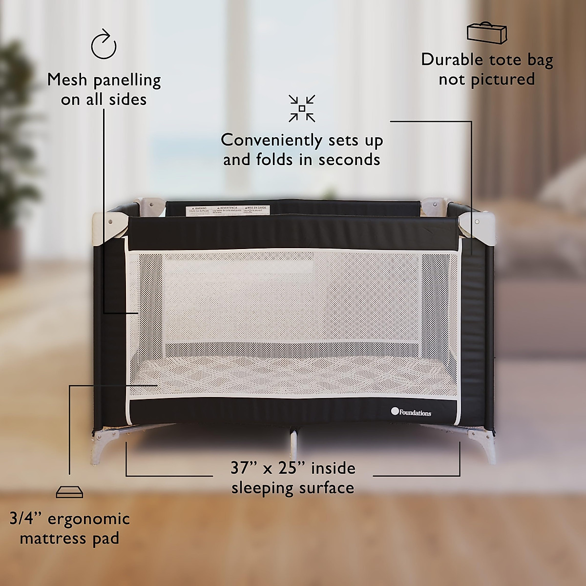 Foundations Sleep 'N Store Baby Pack and Play Yard - Portable Yard with Removable Infant Bassinet - Easy to Store Foldable Travel Play Pen - Includes Storage Bag & Foam Mattress - Mod Plaid Gray