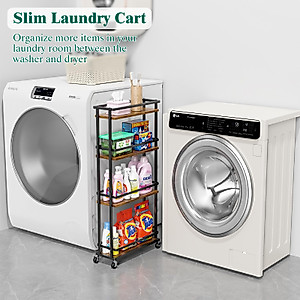 Giwil Slim Storage Cart 4 Tier Narrow Kitchen Rolling Cart on Wheels for Small Space, Mobile Spice Rack Seasoning Organizer Utility Serving Cart for Kitchen Bathroom Laundry, Brown