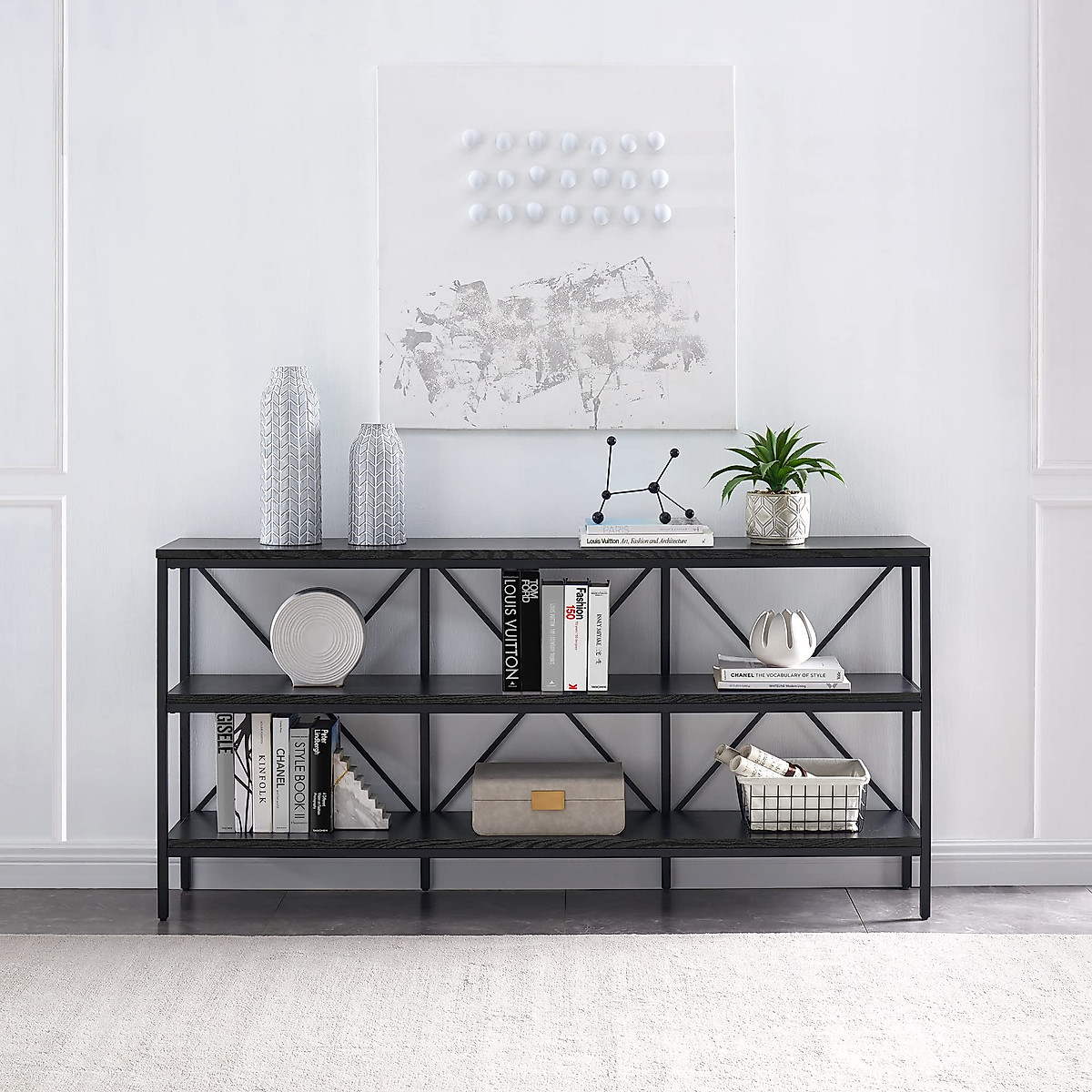 Kira 64" Wide Rectangular Console Table in Blackened Bronze/Black Grain