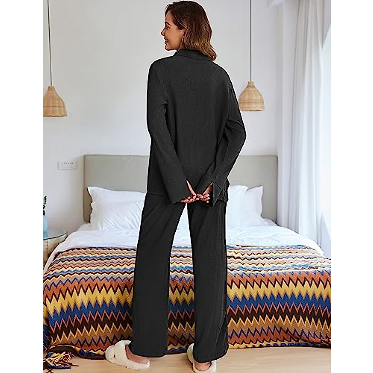 Ekouaer Womens Lounge Sets Button Down Shirt and Pants Loungewear Pajamas 2 Piece Outfits with Pockets Black M